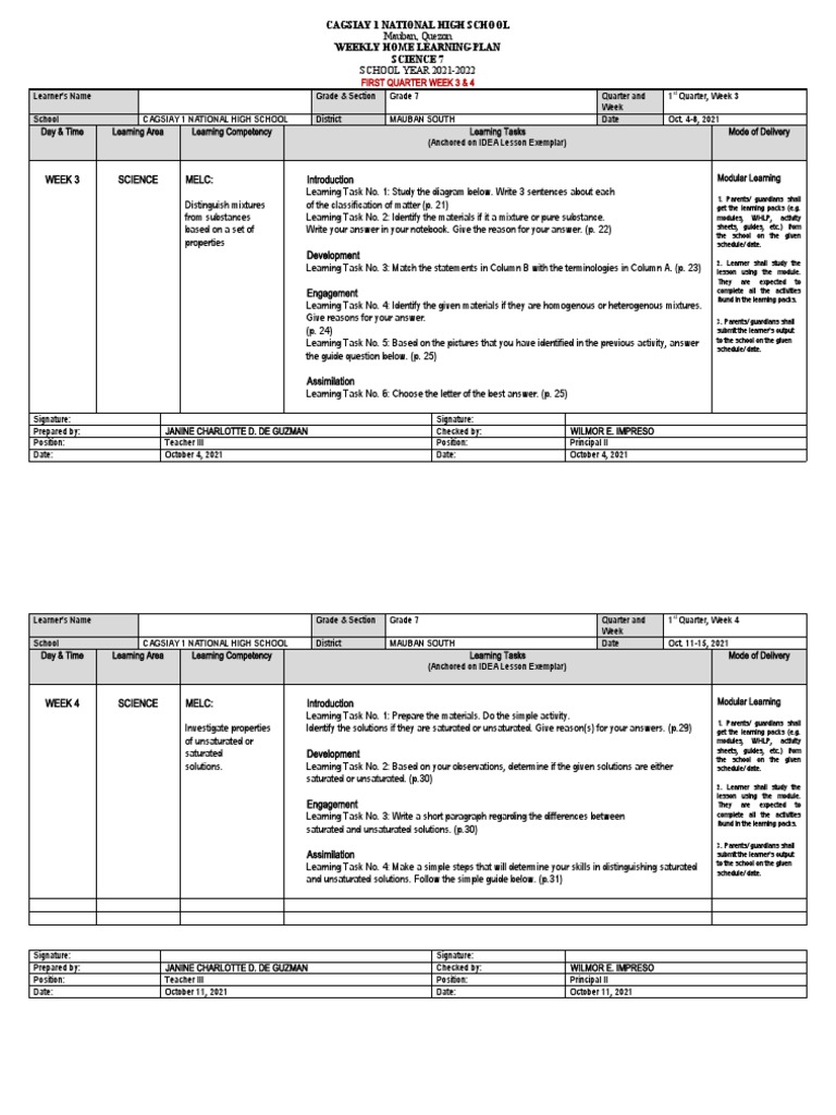 First Quarter Week 3 & 4: Cagsiay 1 National High School Weekly Home ...