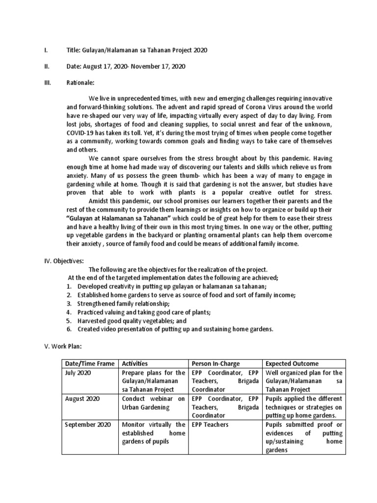 Project Proposal Gulayan-Halamanan Sa Tahanan Project 2020 | PDF