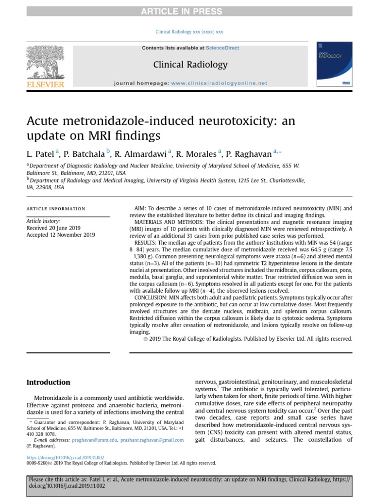 Acute Metronidazole-Induced Neurotoxicity: An Update On MRI Findings ...