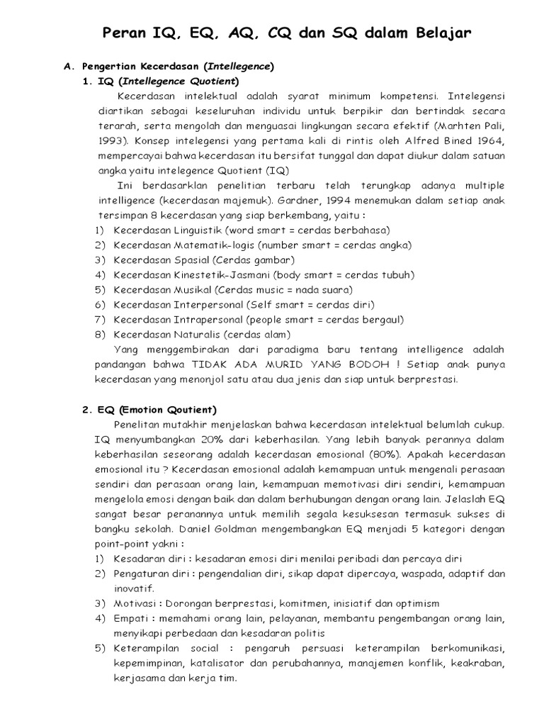 Peran Iq Eq Aq Cq Dan Sq Dalam Belajar Pdf
