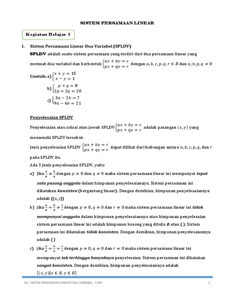 Panduan Sistem Persamaan Linear | PDF
