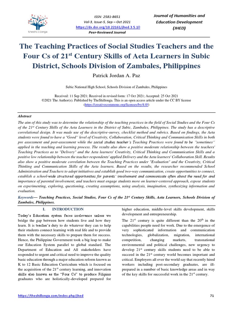 The Teaching Practices of Social Studies Teachers and The Four Cs of 21st Century Skills of Aeta ...