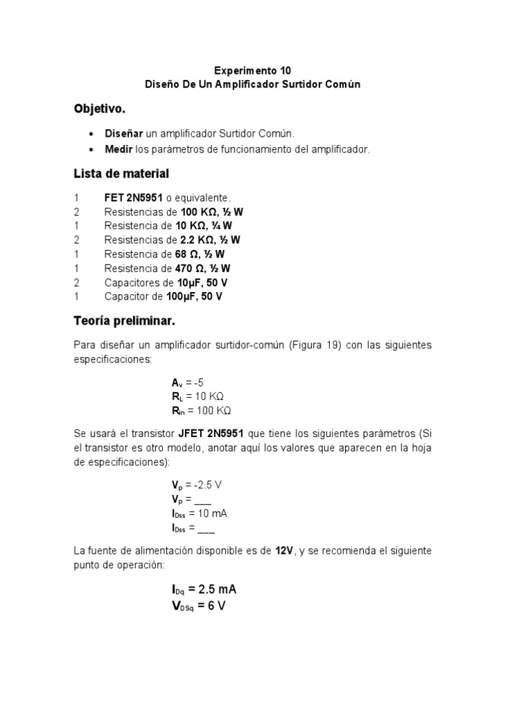 Amplificador Surtidor Común con FET 2N5951 | PDF | Transistor ...