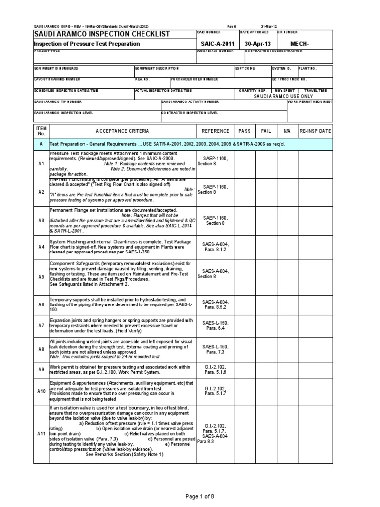 Saudi Aramco Pressure Test Checklist | PDF | Pressure Measurement | Valve