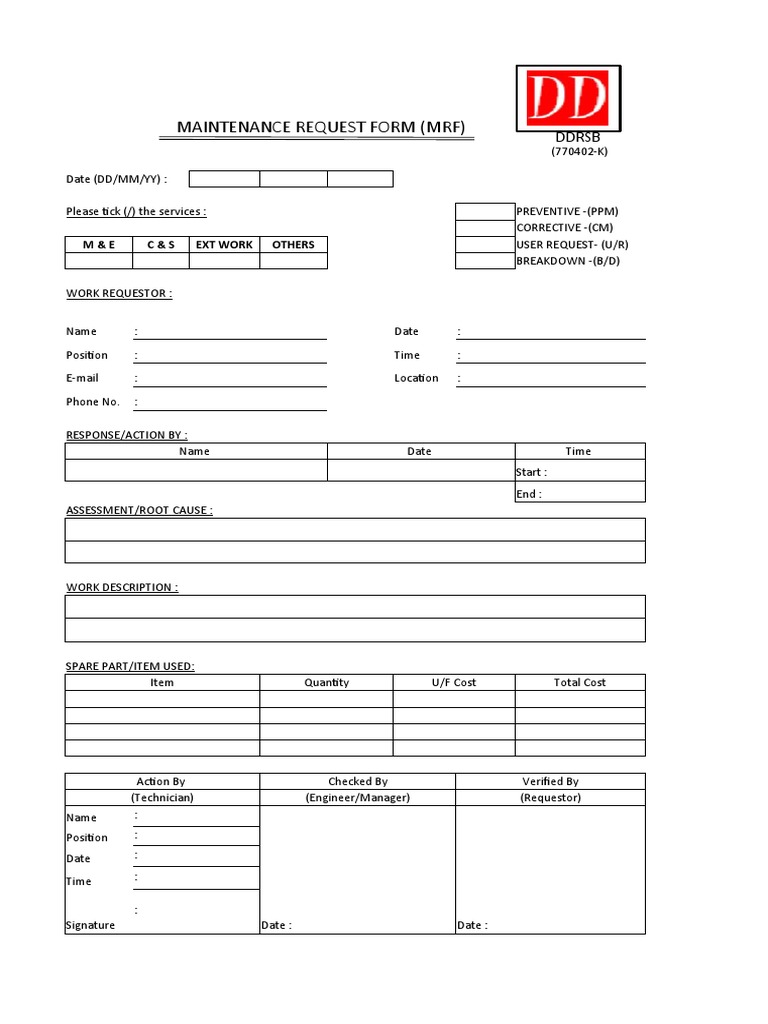 Maintenance Request Form (MRF) : DDRSB | PDF