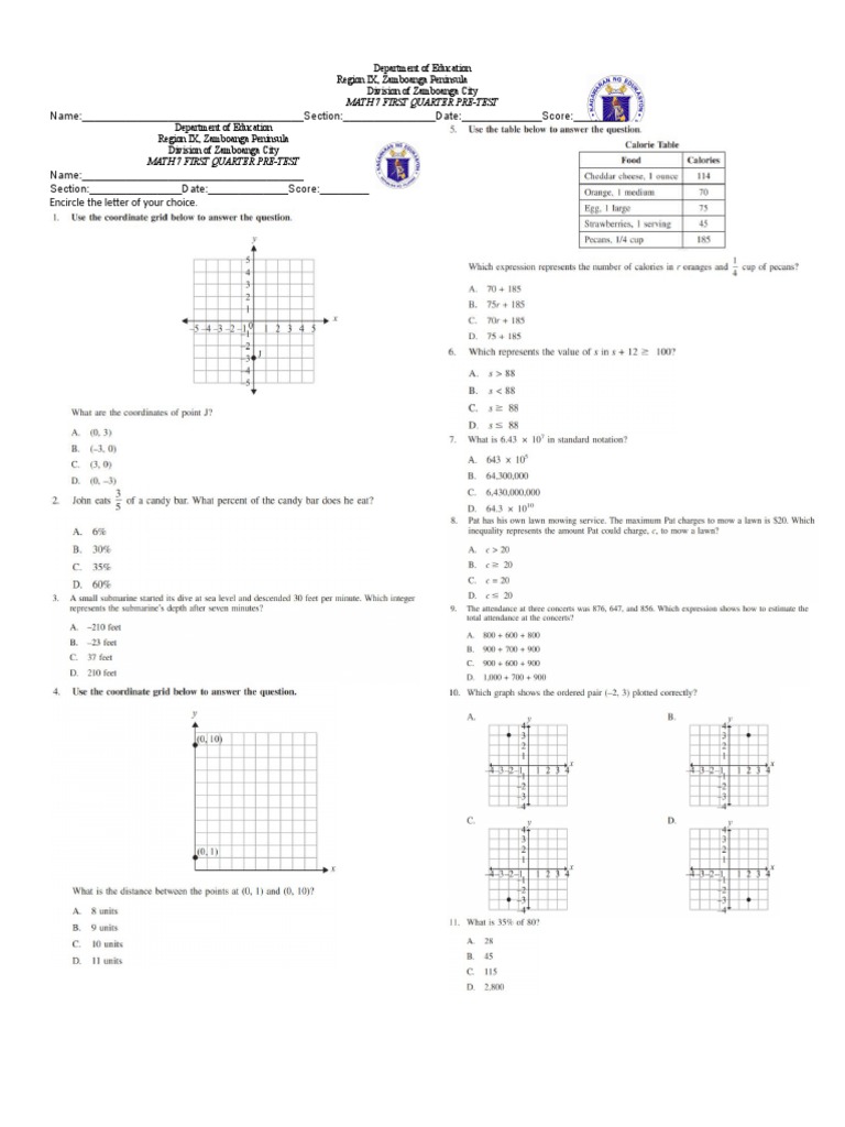 Grade 7 Math Pre-Test | PDF