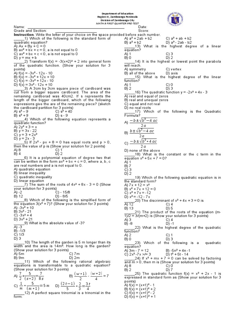 Grade 9 Math Pre-Test | PDF | Quadratic Equation | Equations