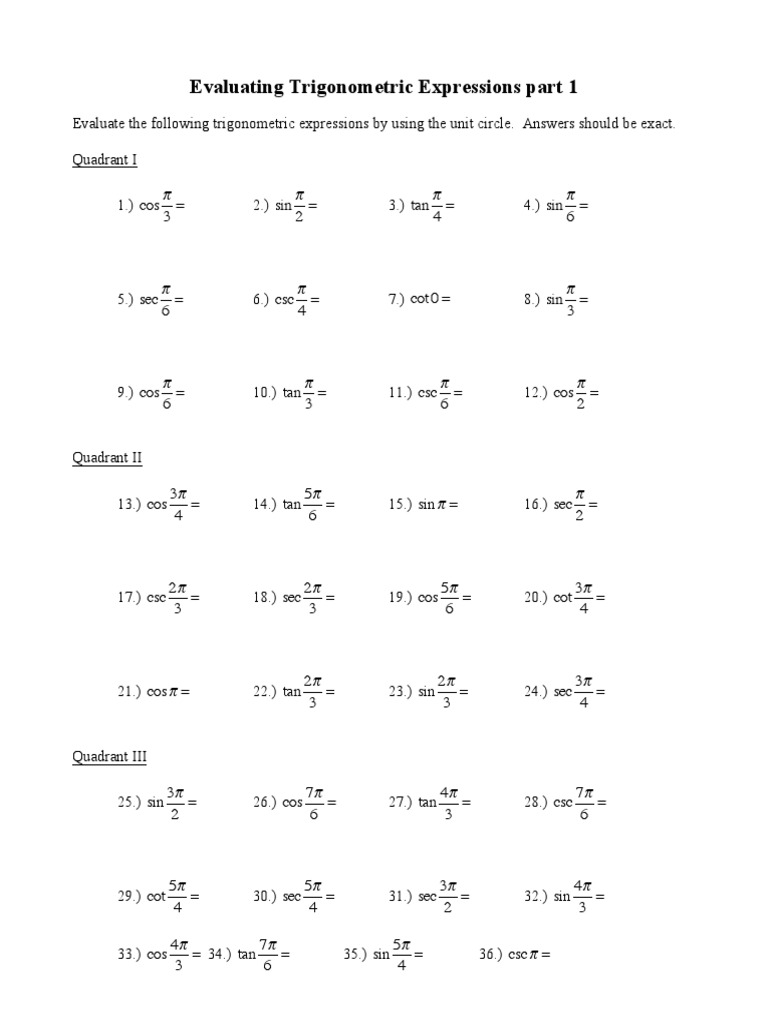 Evaluating Trig Expressions on Unit Circle | PDF | Trigonometric ...