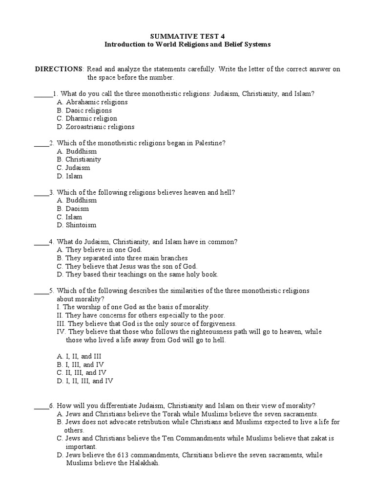 Summative Test 4 Introduction To World Religions and Belief Systems ...