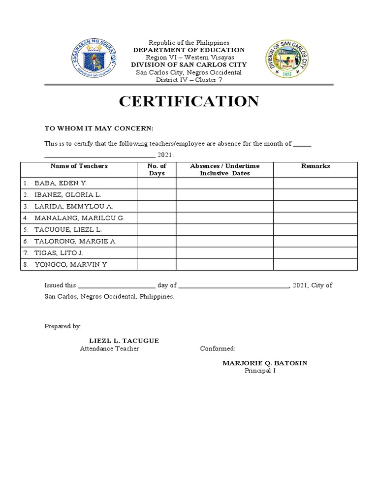 Teacher Absences Certification 2021 | PDF