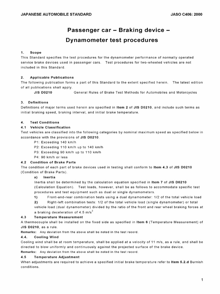 JASO C406-2000 乘用车 - 制动装置 - 测功机试验规程 | PDF