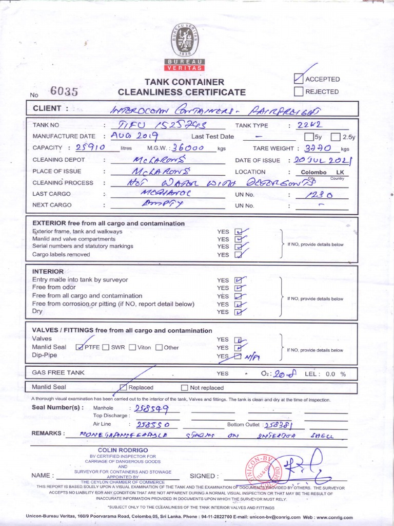Cleanliness Certificates - Tifu1525743 | PDF