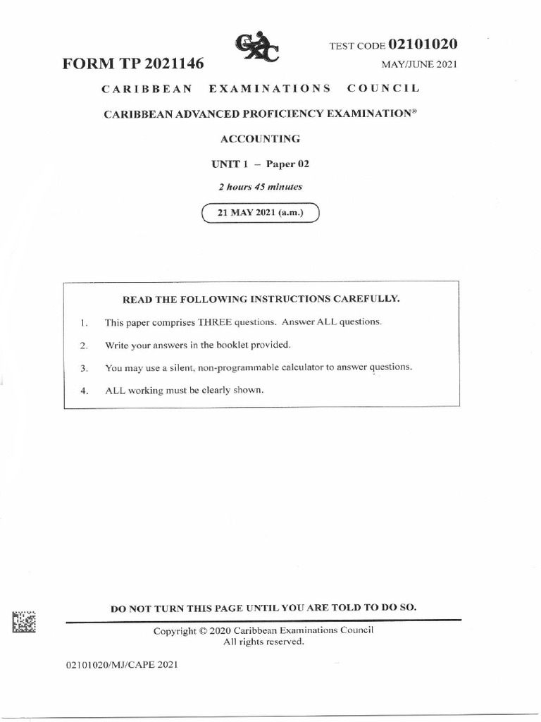 CAPE Accounting 2021 U1 P2 | PDF