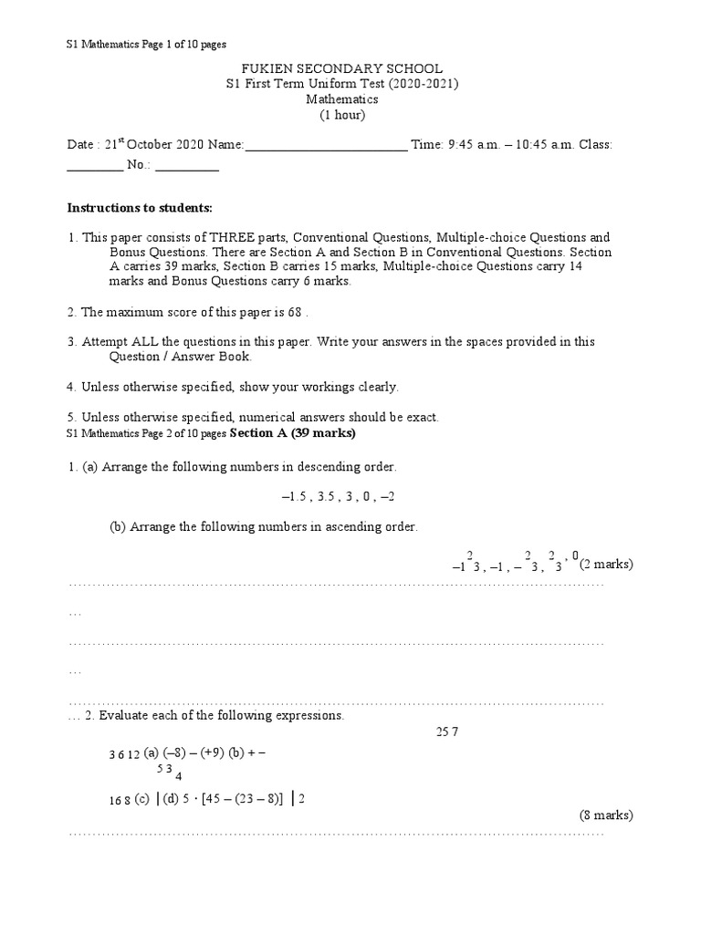 Instructions To Students:: S1 Mathematics Page 1 of 10 Pages | Download ...