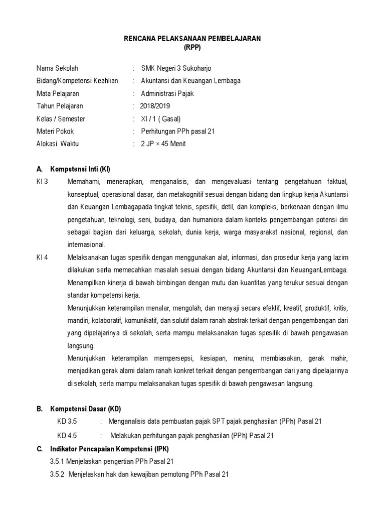 RPP PPH Pasal 21 - SMK | PDF