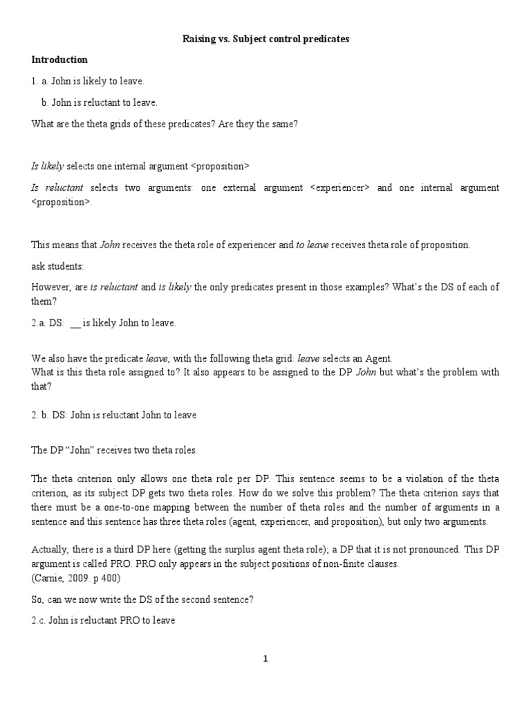 Raising Vs Subject Control Predicates | PDF | Clause | Subject (Grammar)