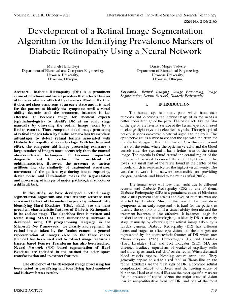 Development of A Retinal Image Segmentation Algorithm For The Identifying Prevalence Markers of ...
