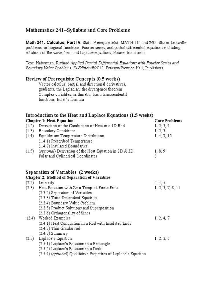 Mathematics 241-Syllabus and Core Problems: Review of Prerequisite ...
