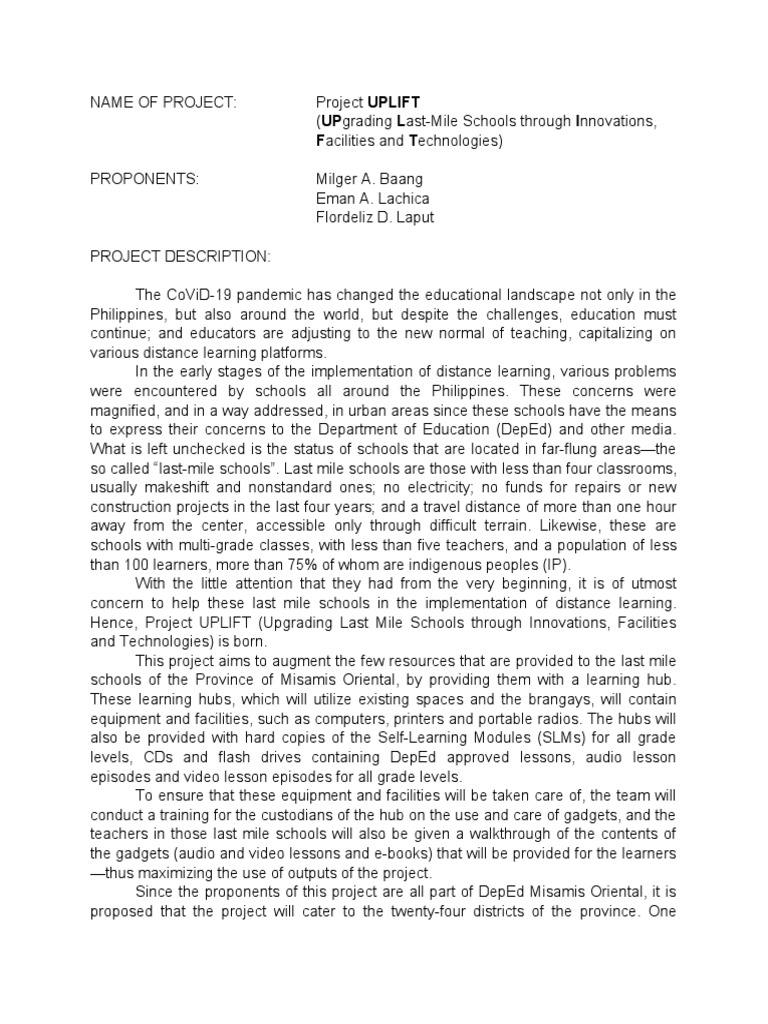 Project UPLIFT Project Description | PDF | Distance Education ...
