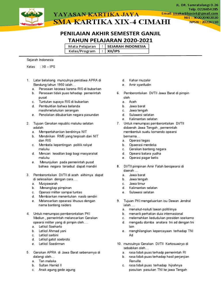 Ujian Sejarah Indonesia XII IPS | PDF