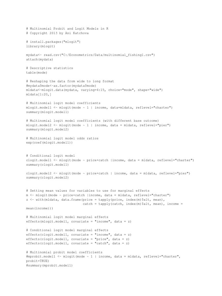 Multinomial Probit And Logit Models R Program And Output Pdf