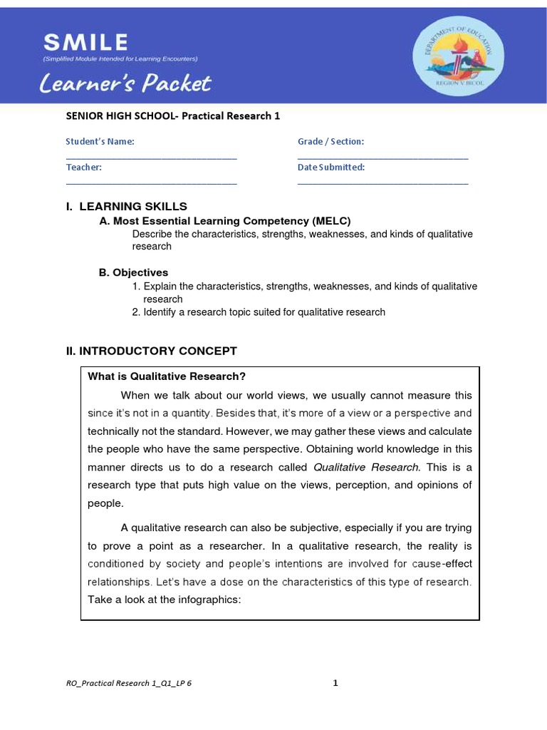 SENIOR HIGH SCHOOL-Practical Research 1: A. Most Essential Learning ...
