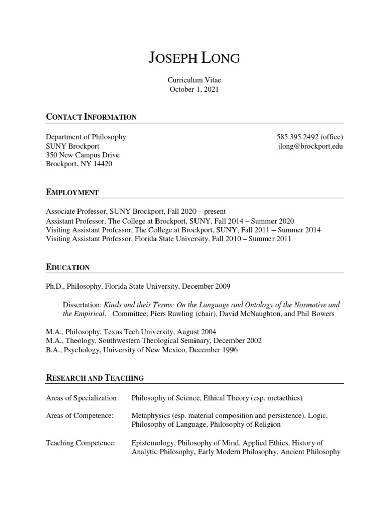 Dr. Joseph Long CV | PDF | Philosophy Of Science | Science