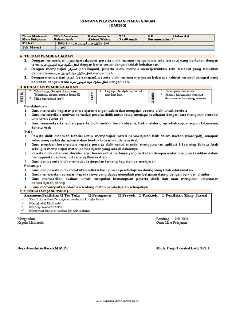 RPP Daring Bahasa Arab Kelas 9 | PDF