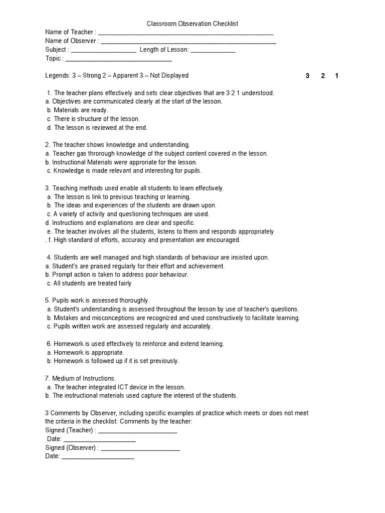 Classroom Observation Checklist | PDF | Teachers | Lesson