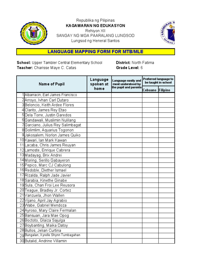 Language Mapping Form For Mtb/Mle: Kagawaran NG Edukasyon | PDF ...