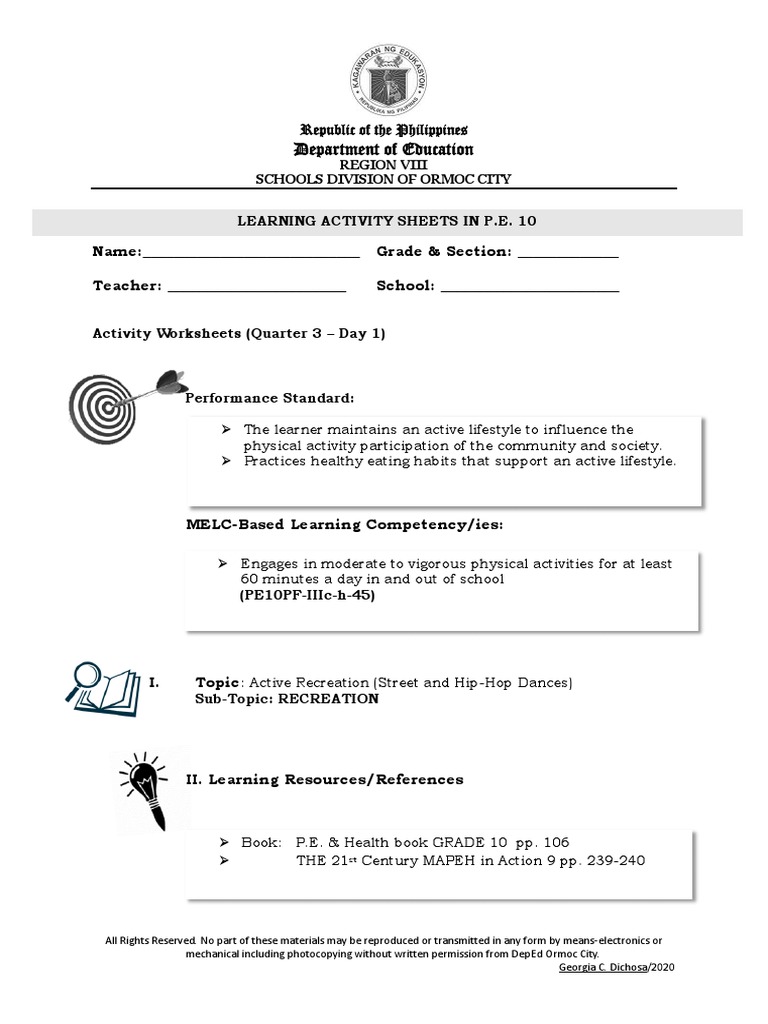 Department of Education: Learning Activity Sheets P.E. 10 | PDF ...