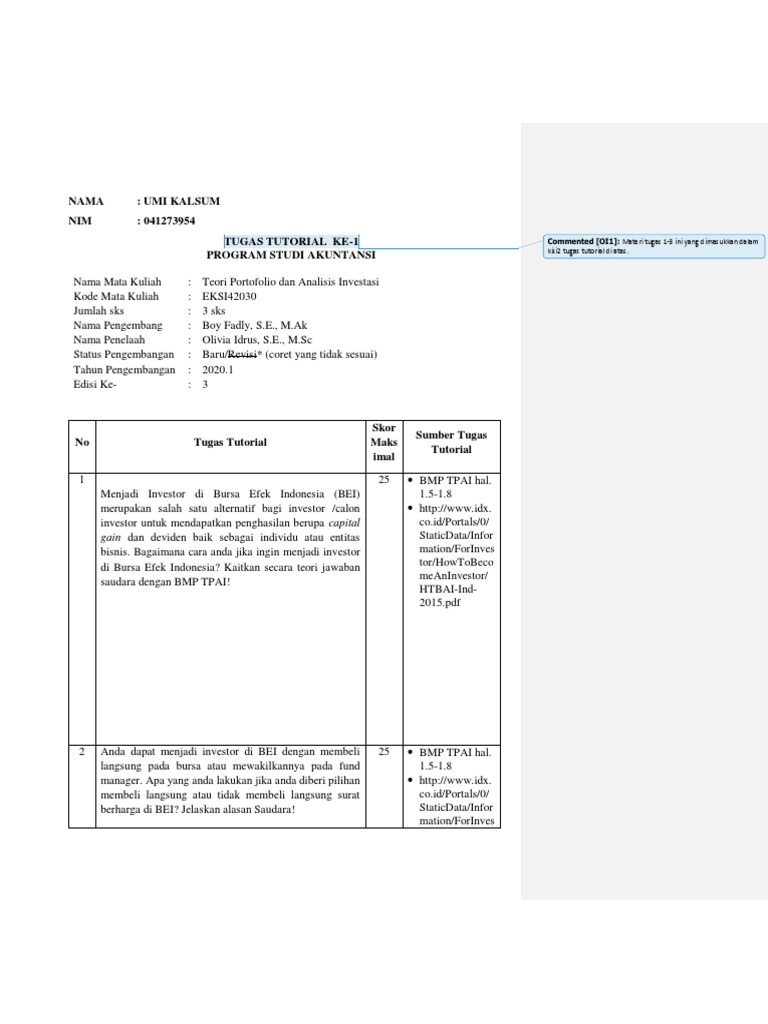 TUGAS 1 Teori Portofolio Dan Analisis Investasi | PDF