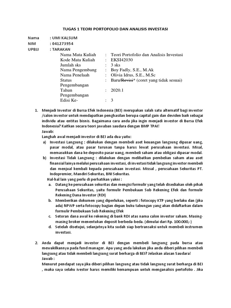 Tugas 1 Teori Portofolio Dan Analisis Investasi | PDF