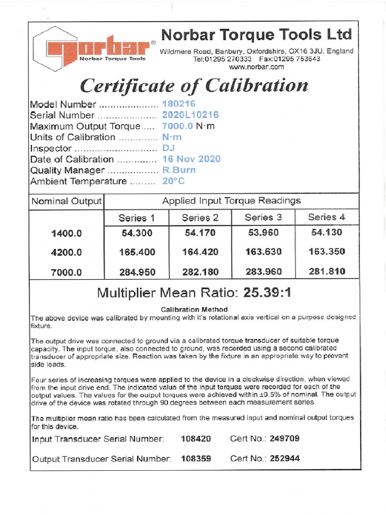 Torque Multiplier Calibration Certificate | PDF