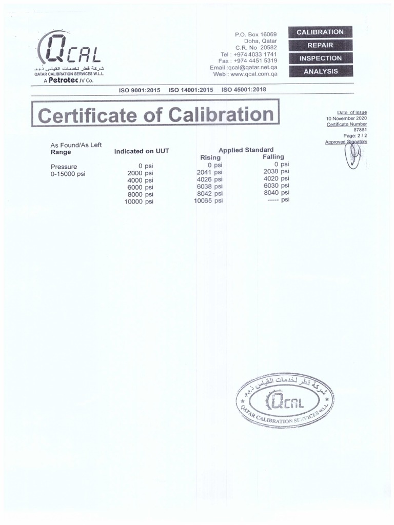 Pressure Gauge Calibration Sample-1 | PDF