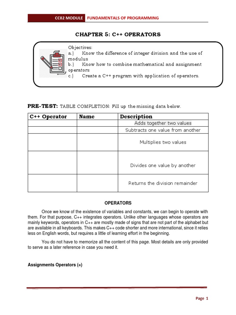 CC02 MODULE FUNDAMENTALS OF PROGRAMMING CHAPTER 5: C++ OPERATORS | PDF | C++ | Division ...