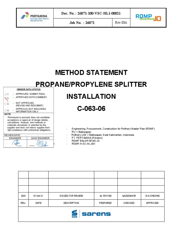 100 VSC Hl1 00021 - Method Statement Propane Propylene Splitter (C 063 ...