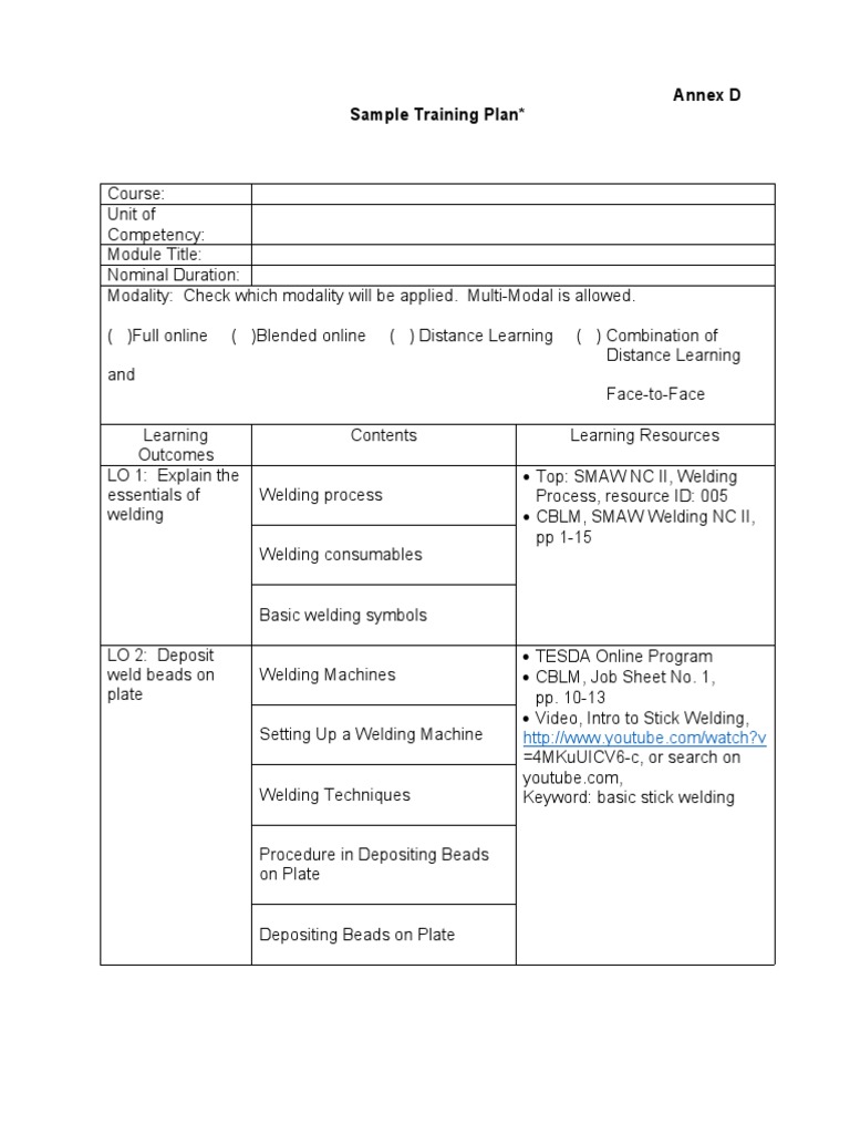 Annex D - Sample Training Plan | PDF | Educational Technology ...