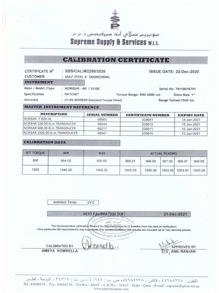 TORQUE CALIBRATION CERTIFICATE 2000 NM | PDF