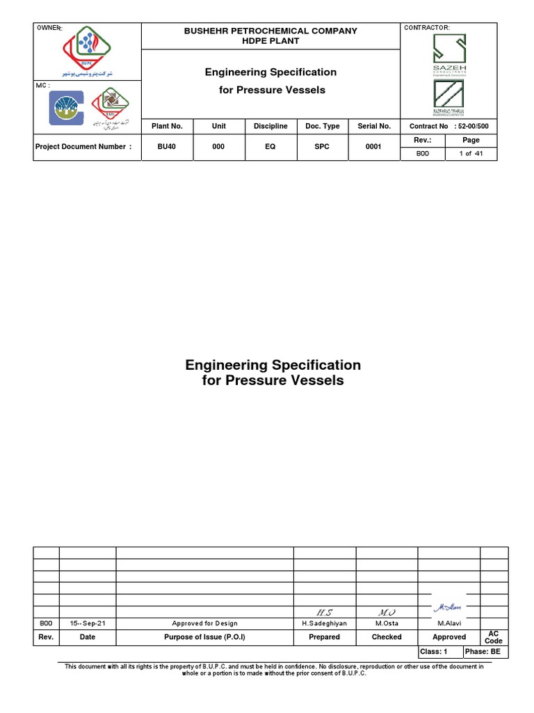 Engineering Specification For Pressure Vessels | PDF | Civil ...