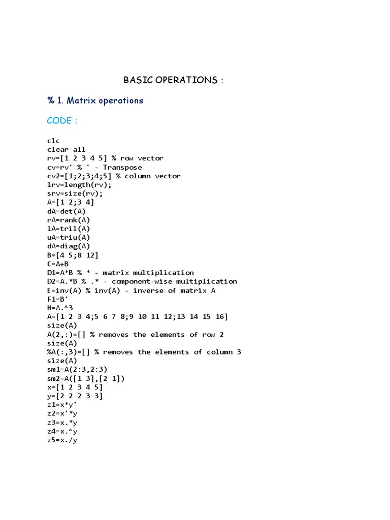 20MIS1115 - Matlab Codes | PDF | Matrix (Mathematics) | Cartesian ...