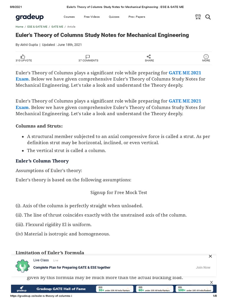 Euler's Theory of Columns Study Notes For Mechanical Engineering - ESE ...