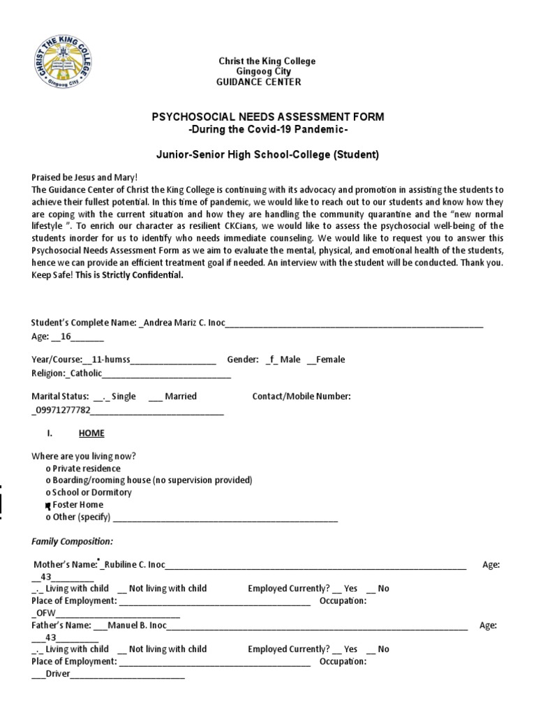 Psychosocial Assessment Form JHS SHS College | PDF | Psychosocial ...