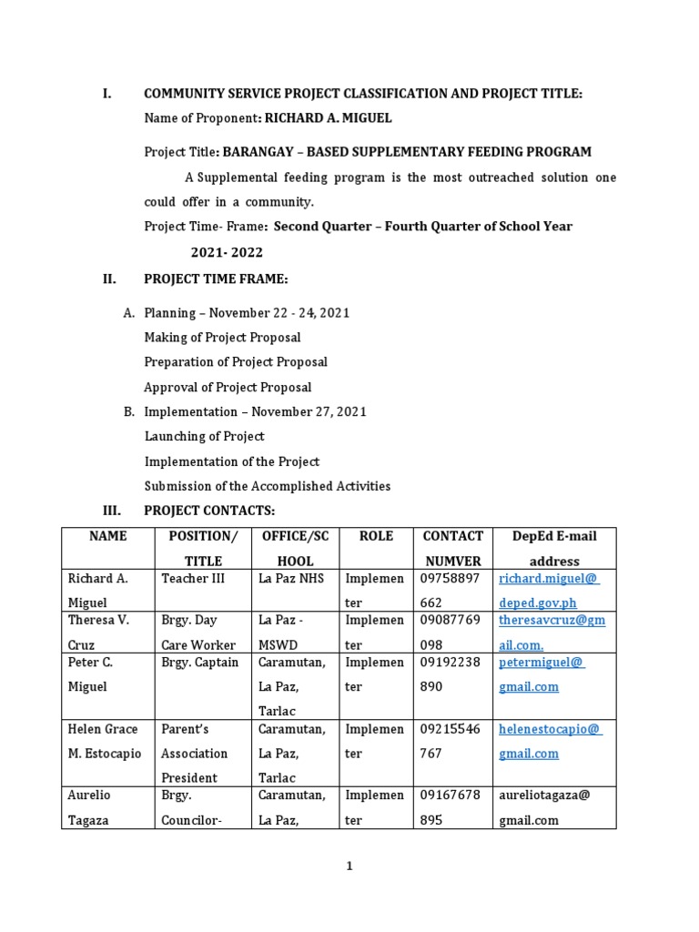 I. Community Service Project Classification and Project Title | PDF ...