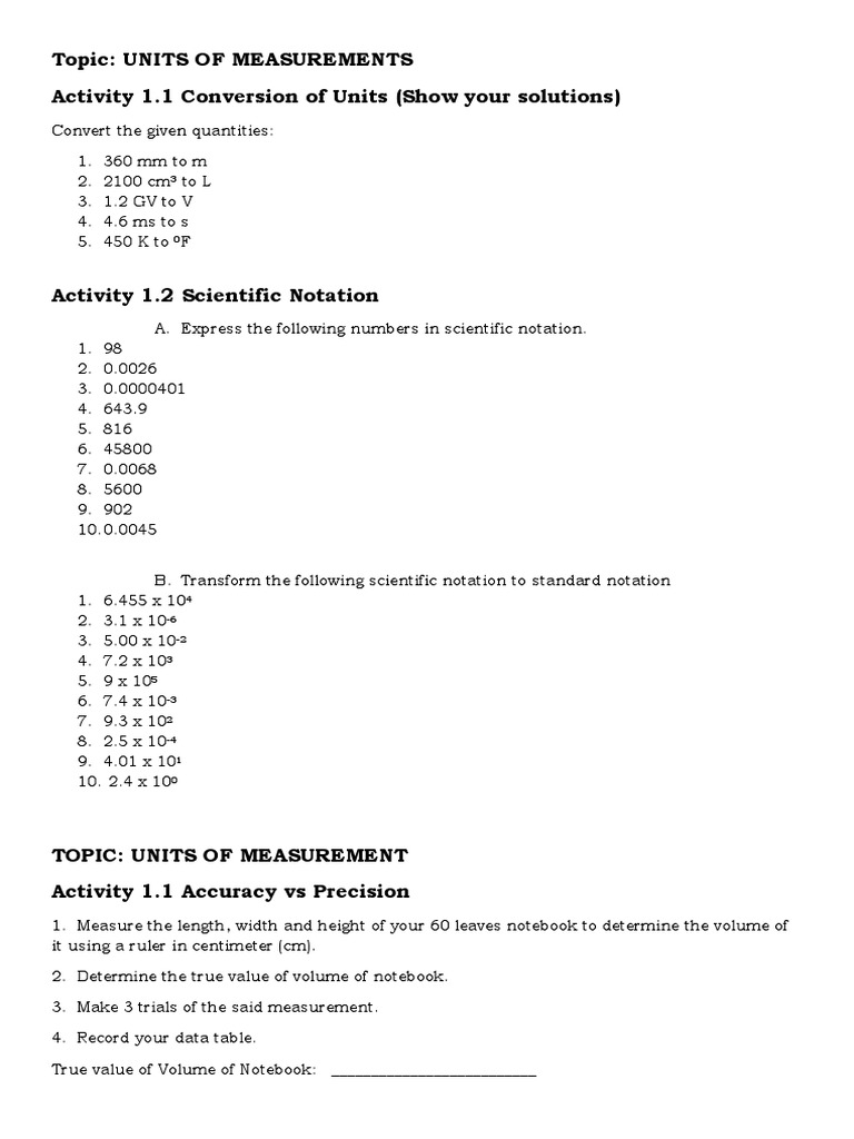 Topic: Units of Measurements Activity 1.1 Conversion of Units (Show ...