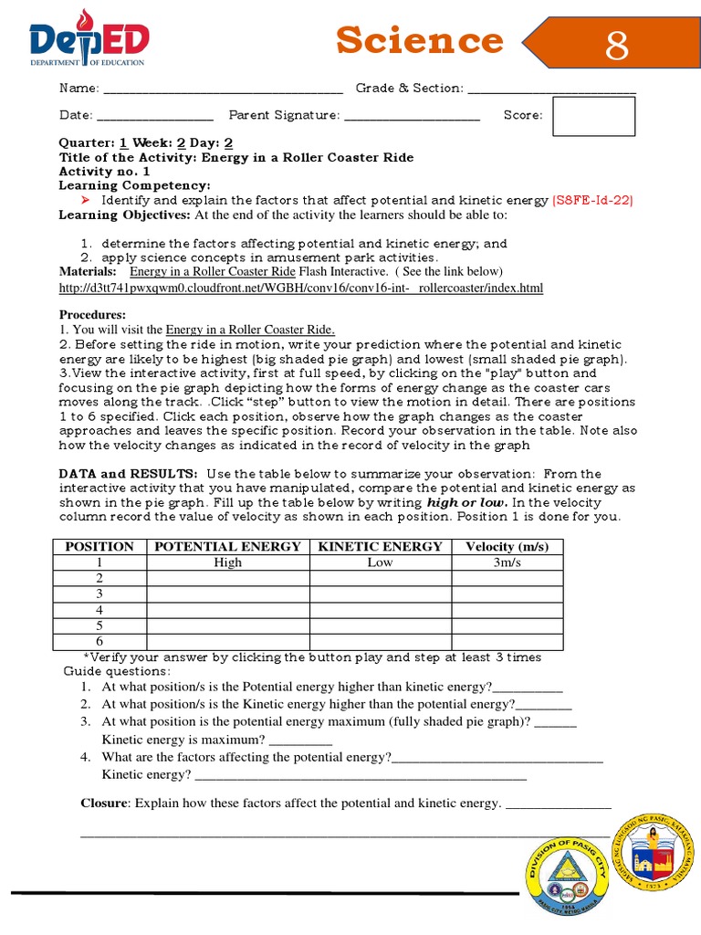 Science 8 - Q1 - DW5 | PDF | Kinetic Energy | Potential Energy