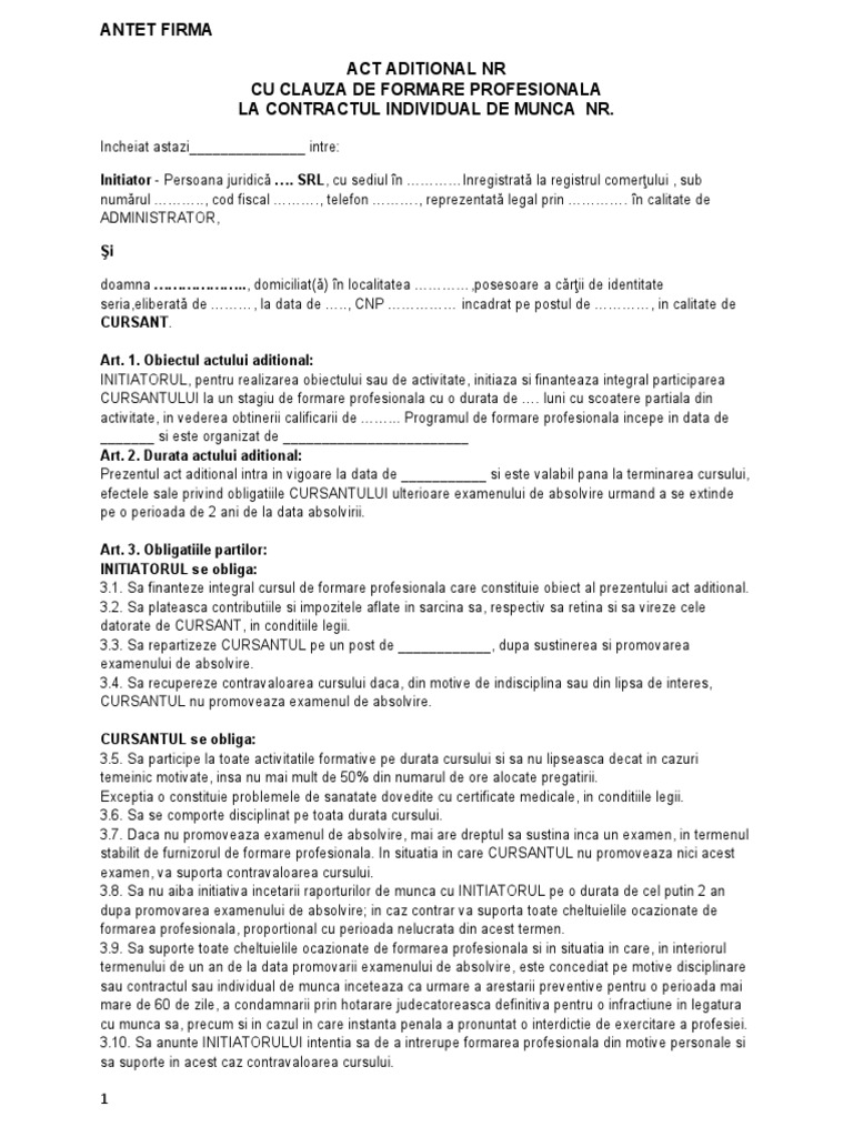 Act Aditional Cu Clauza de Formare Profesionala - Model | PDF
