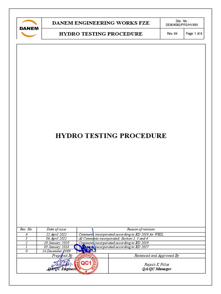 Hydrostatic Testing Procedure Guide | PDF | Pressure | Chemical Engineering