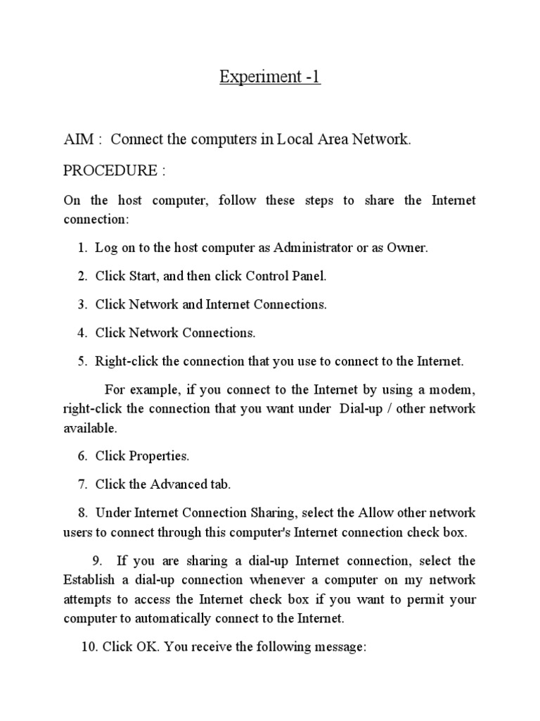 Experiment - 1: AIM: Connect The Computers in Local Area Network. Procedure | PDF | Ip Address ...