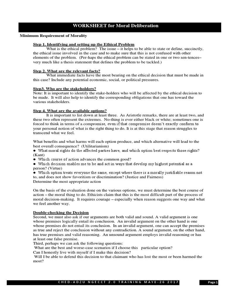 WORKSHEET For Moral Deliberation: Minimum Requirement of Morality Step ...